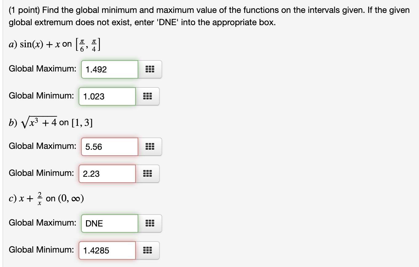 Solved (1 point) Find the global minimum and maximum value | Chegg.com