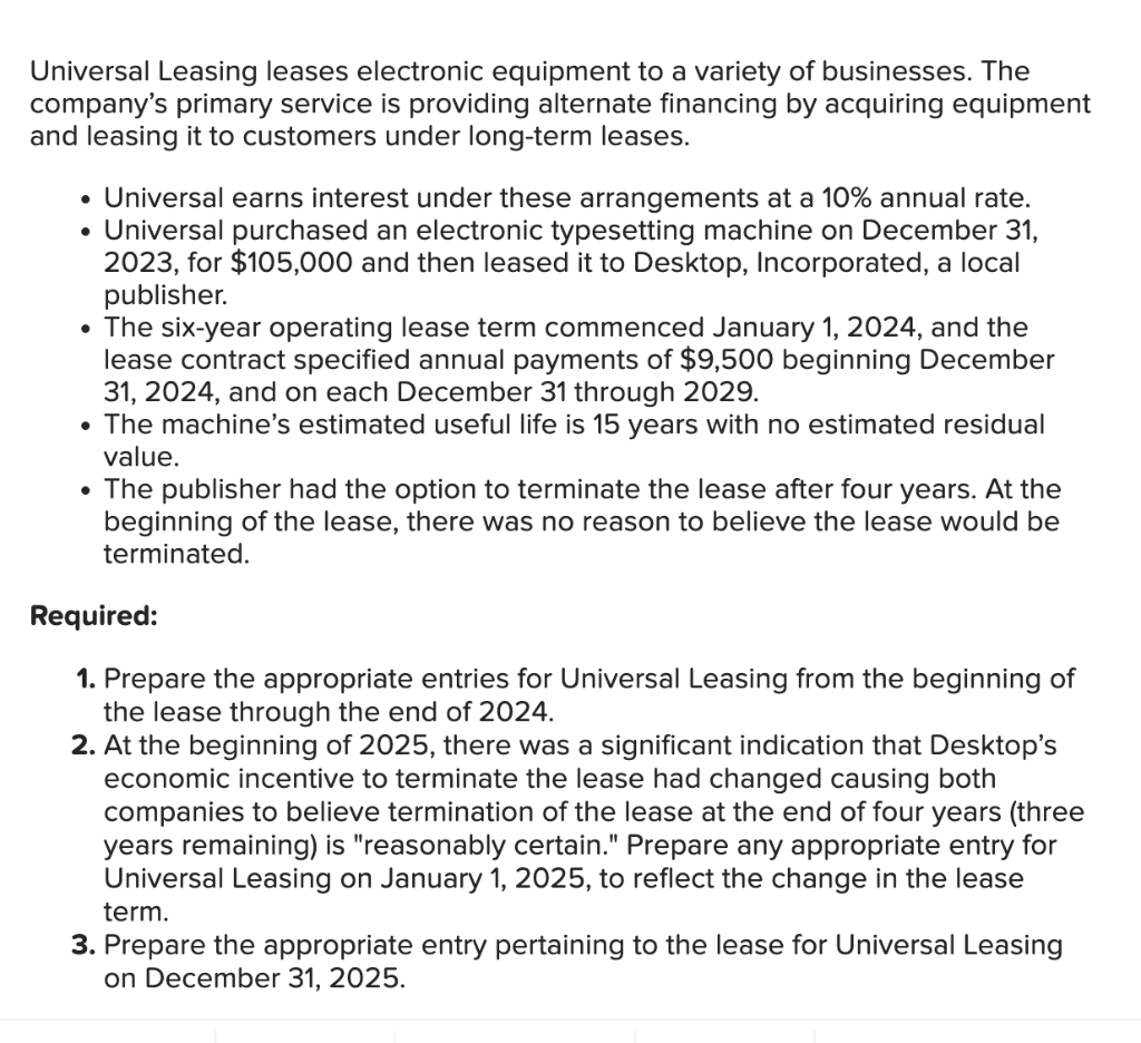 Universal Leasing leases electronic equipment to a | Chegg.com
