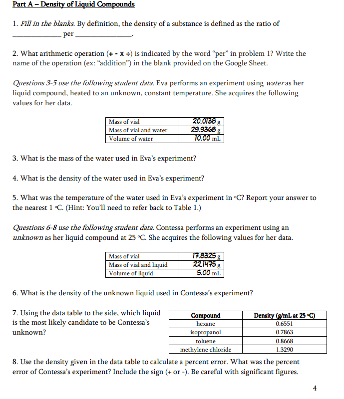 Solved Part A - Density of Liquid Compounds 1. Fill in the | Chegg.com