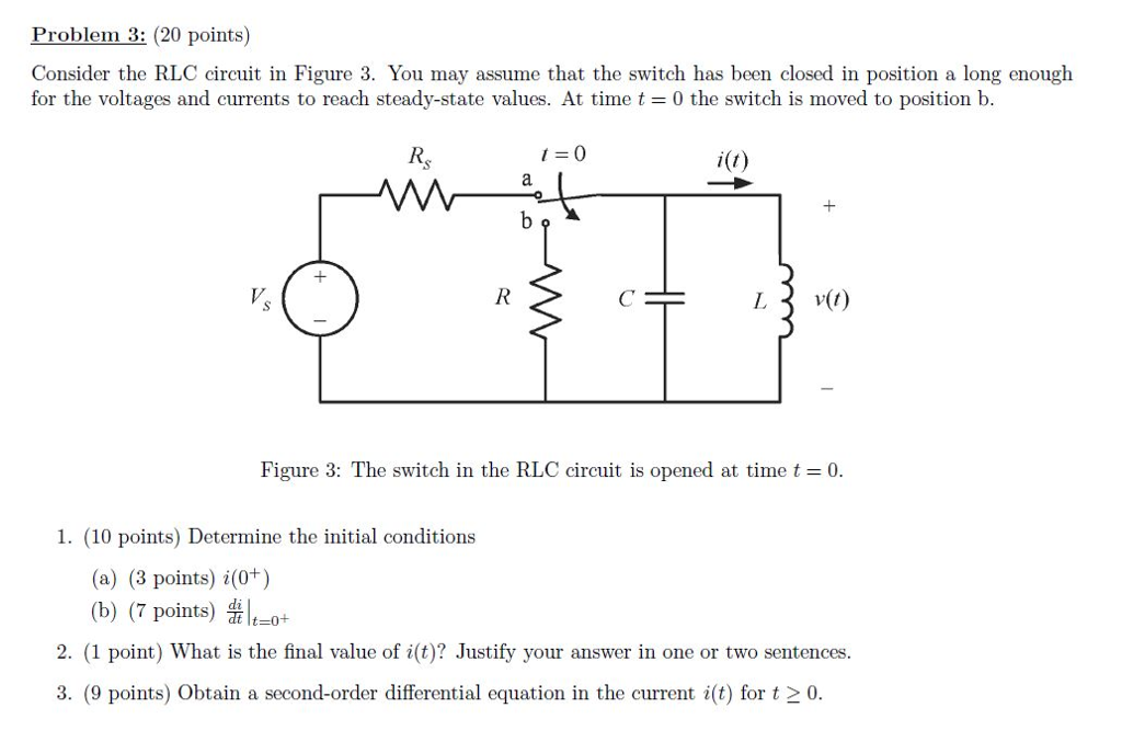 Solved Problem 3: (20 points) Consider the RLC circuit in | Chegg.com