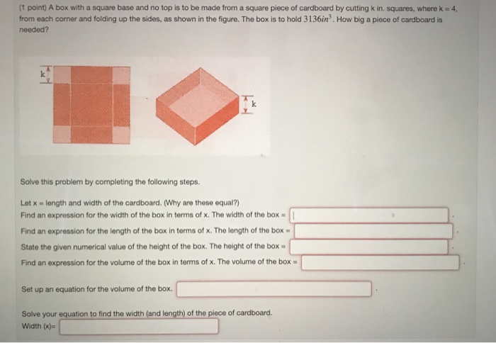 Solved (1 point) A box with a square base and no top is to | Chegg.com