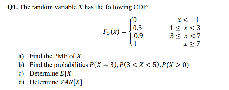 Solved Q1. The random variable X has the following CDF: | Chegg.com