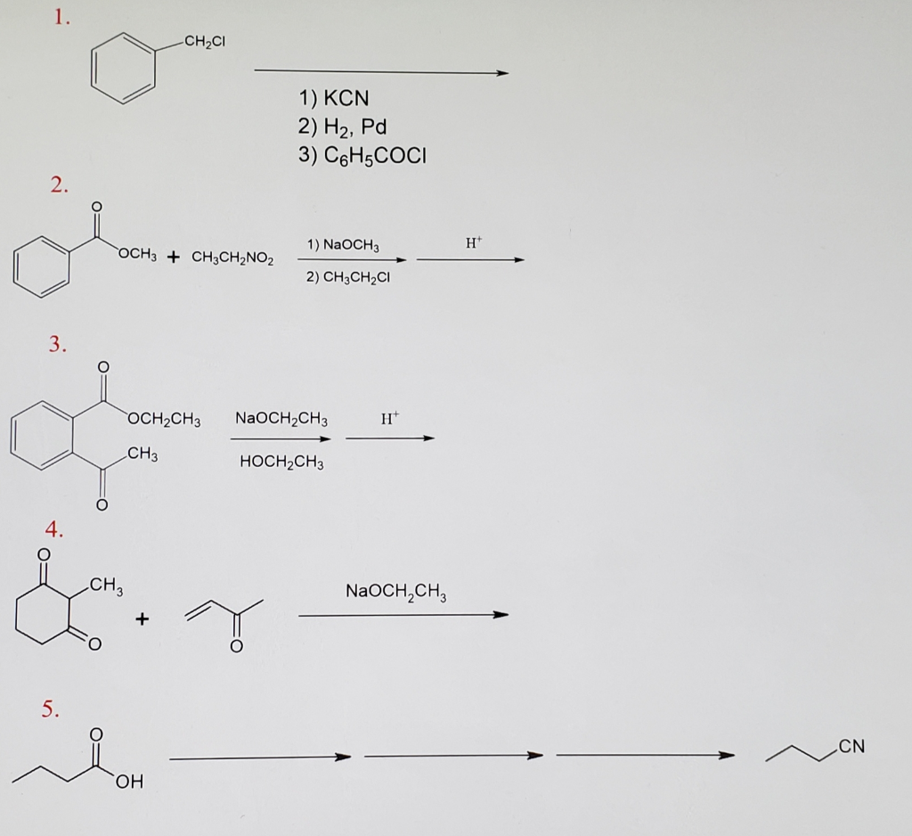 Solved CH2CI 1) KCN 2) H2, Pd 2. 1) NaOCH3 OCH3 CH3CH2NO2 2) | Chegg.com