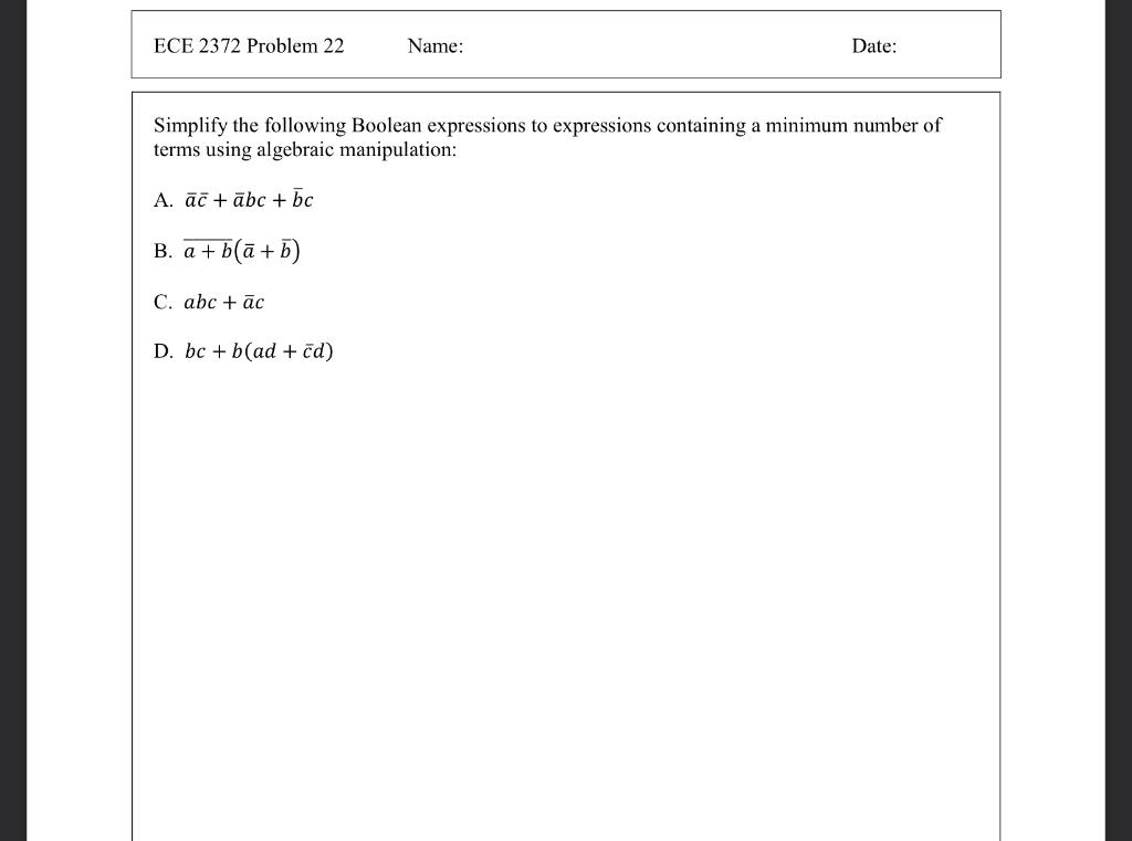 Solved Ece 2372 Problem 22 Name Date Simplify The