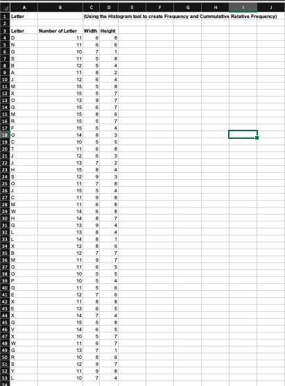 Solved Identify te bins for numbers of letter, width, and | Chegg.com