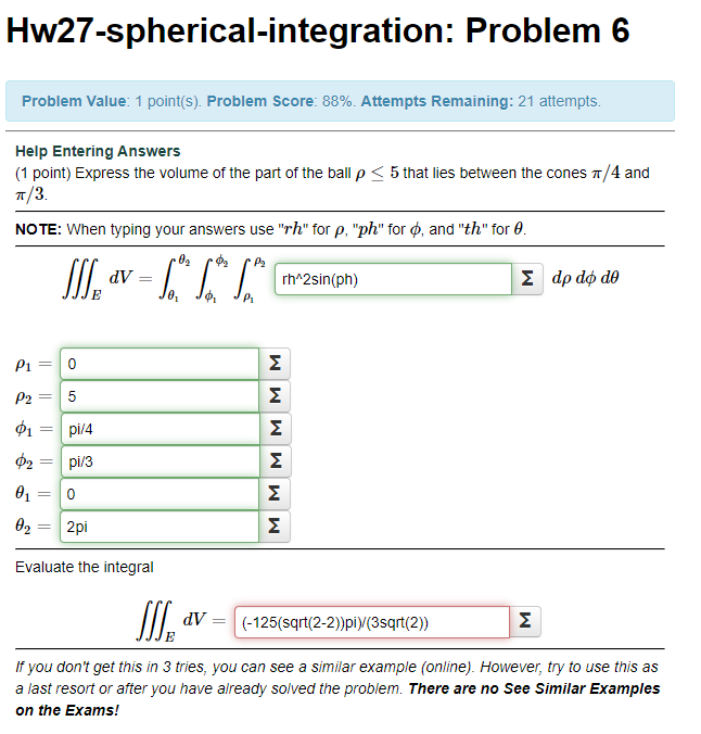 Solved Hw27-spherical-integration: Problem 6 Problem Value: | Chegg.com