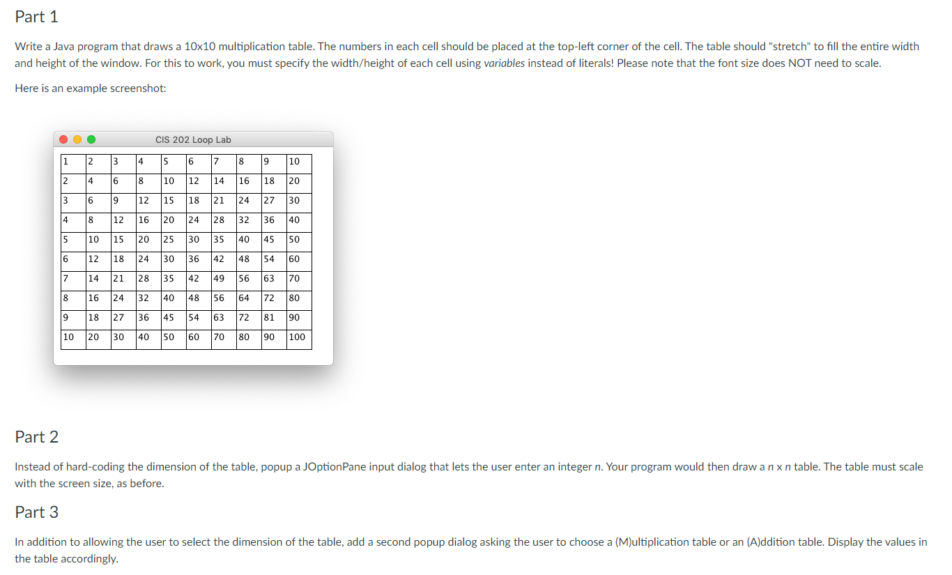 Solved Part 1 Write a Java program that draws a 10x10 | Chegg.com