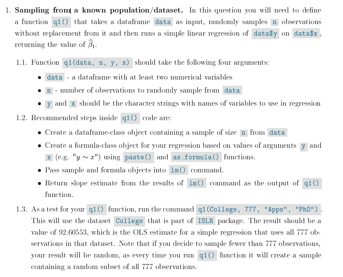 1. Sampling from a known population/dataset. In this | Chegg.com