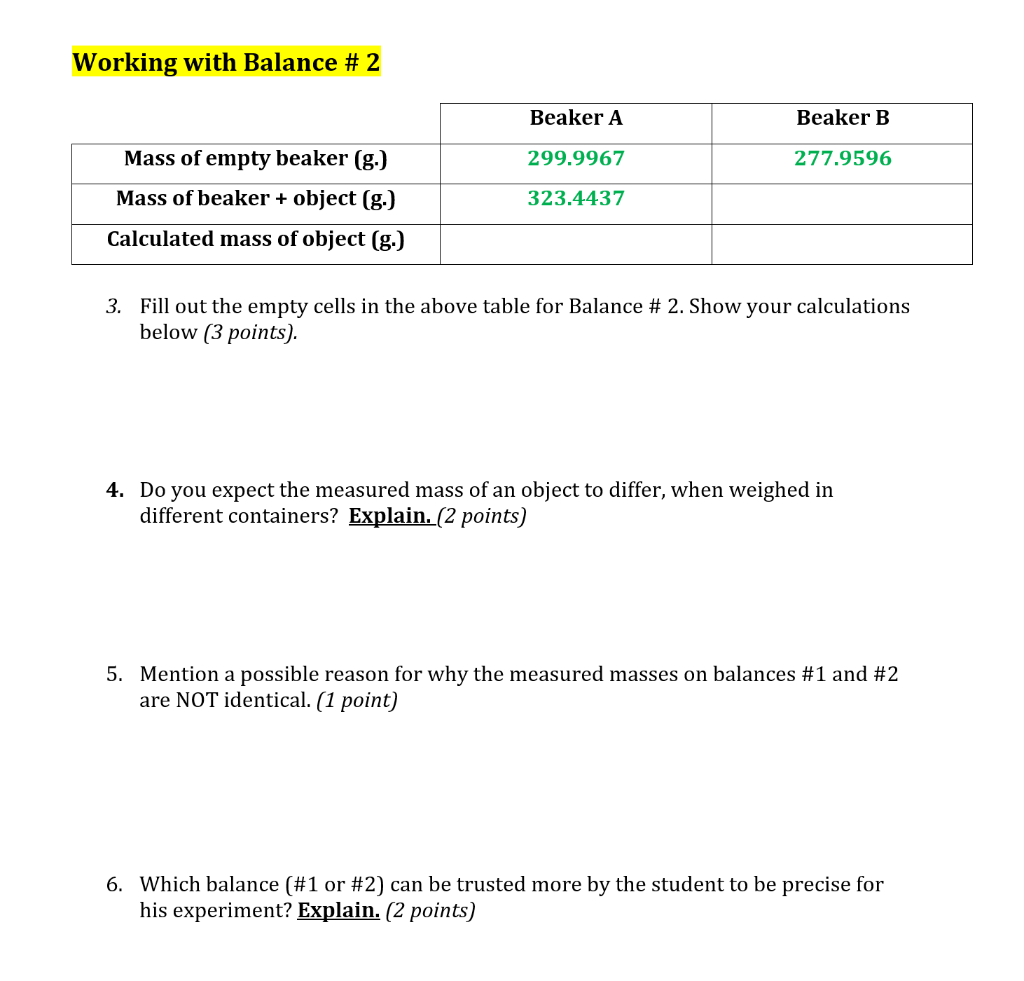 Working with Balance # 2 Beaker A Beaker B 299.9967 | Chegg.com