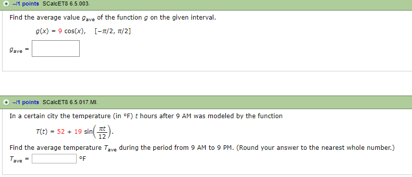 Solved + -/1 points SCalcET8 6.5.003 Find the average value | Chegg.com