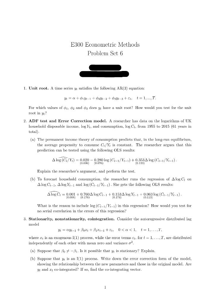 E300 Econometric Methods Problem Sct 6 1. Unit root. | Chegg.com