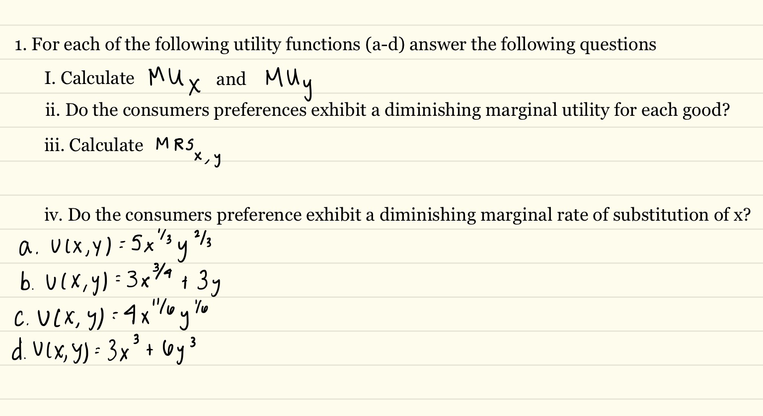 Solved 1. For each of the following utility functions (a-d) | Chegg.com