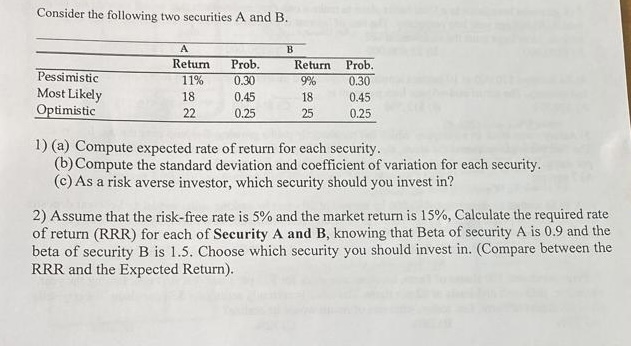 Solved Consider the following two securities A and B. 1) (a) | Chegg.com