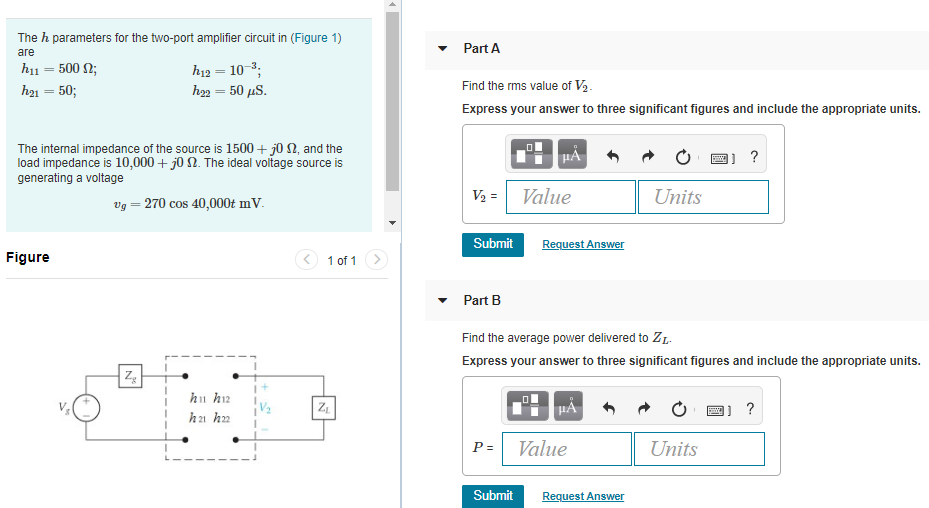 Solved Part A The h parameters for the two-port amplifier | Chegg.com