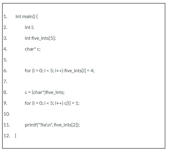 Solved 1. int main({ inti: int five_ints[5]; char* c; for (i | Chegg.com