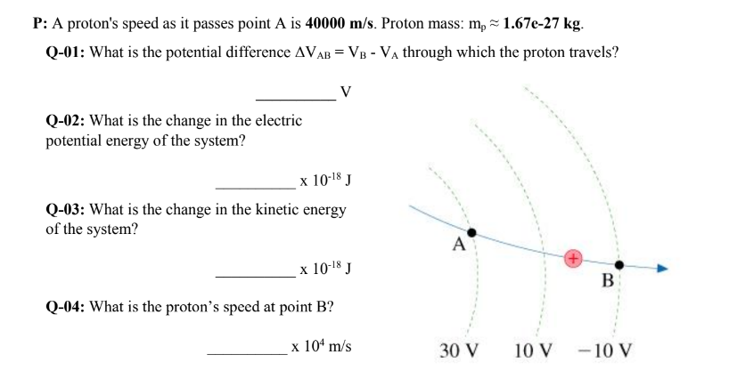 Solved P: A proton's speed as it passes point A is 40000m/s. | Chegg.com