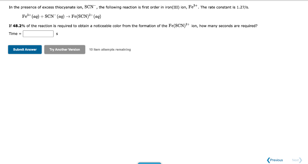 Solved Fe3+(aq)+SCN−(aq)→Fe(SCN)2+(aq) If 48.2 % of the | Chegg.com