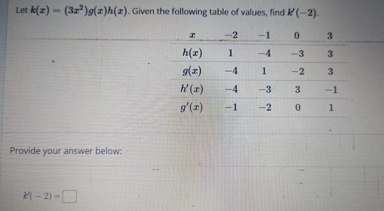 Solved Let k(x)=(3x2)g(x)h(x). Given the following table of | Chegg.com