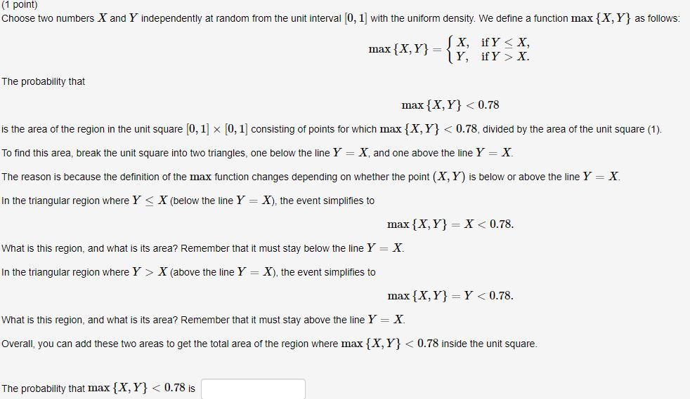 Solved (1 point) Choose two numbers X and Y independently at | Chegg.com