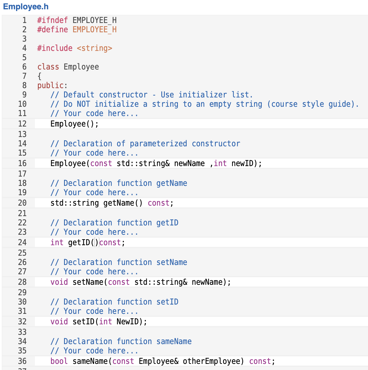 Solved Complete the interface (Employee.h file) of the | Chegg.com