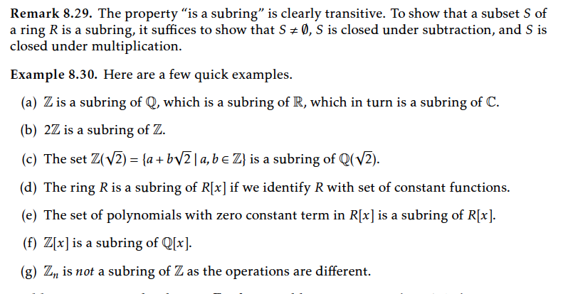 Solved Remark 8.29. The property "is a subring" is clearly | Chegg.com