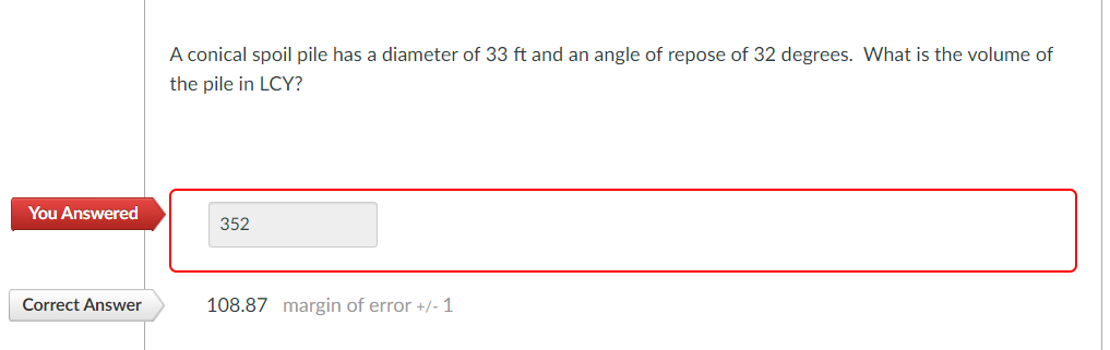 Solved A conical spoil pile has a diameter of 33 ft and an | Chegg.com