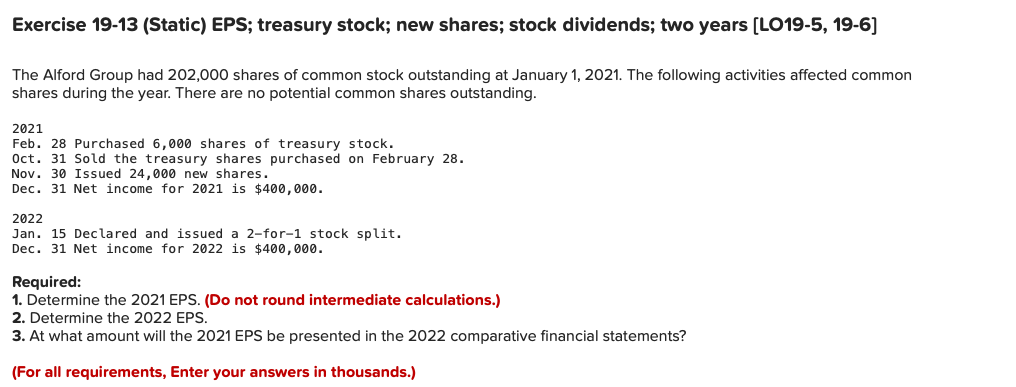 Solved Exercise 19-13 (Static) EPS; treasury stock; new | Chegg.com