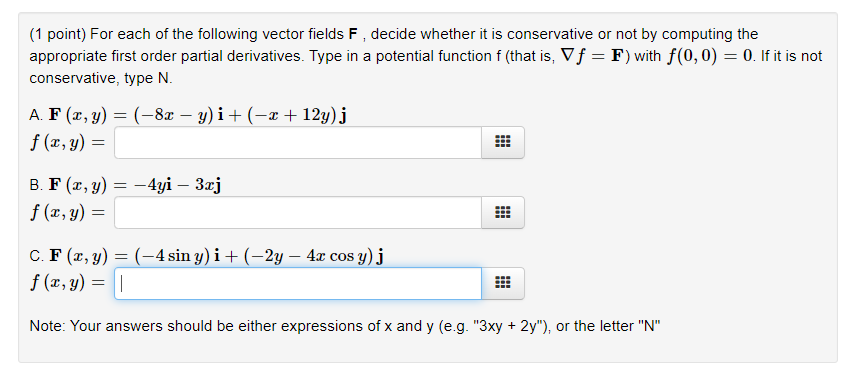 Solved 1 (1 point) For each of the following vector fields | Chegg.com