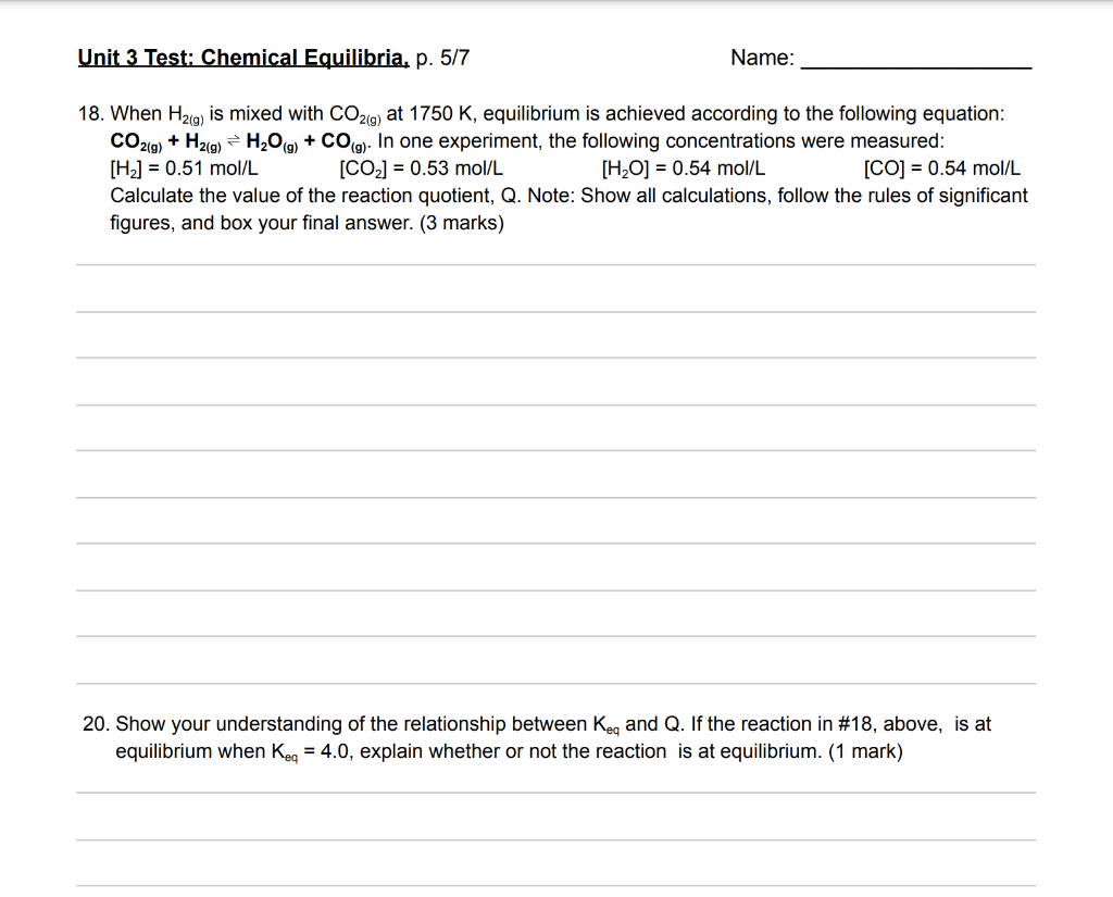 Solved Unit 3 Test: Chemical Equilibria, p. 5/7 18. When | Chegg.com