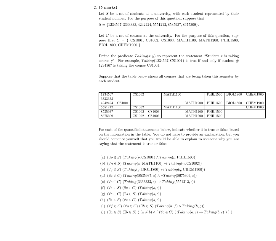 Solved 2. (5 marks) Let S be a set of students at a | Chegg.com