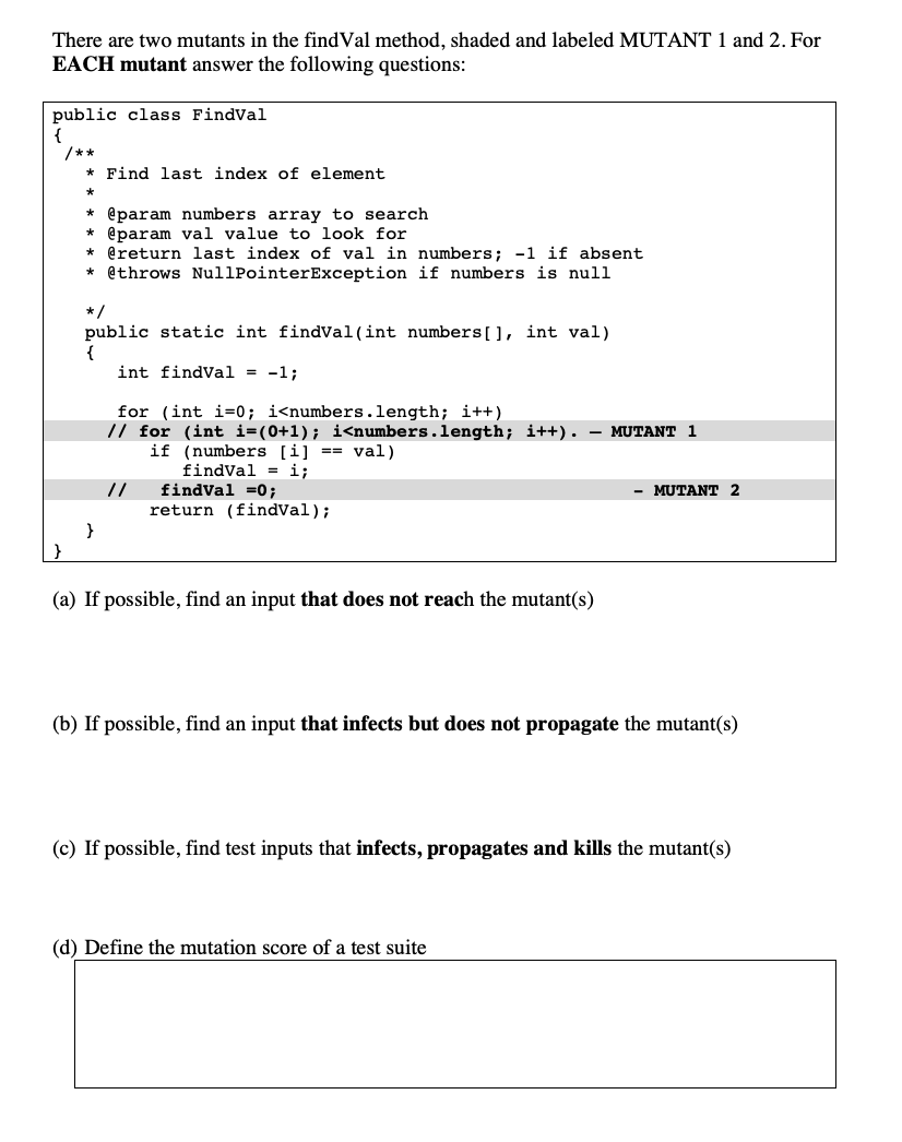 Solved There are two mutants in the findVal method, shaded | Chegg.com