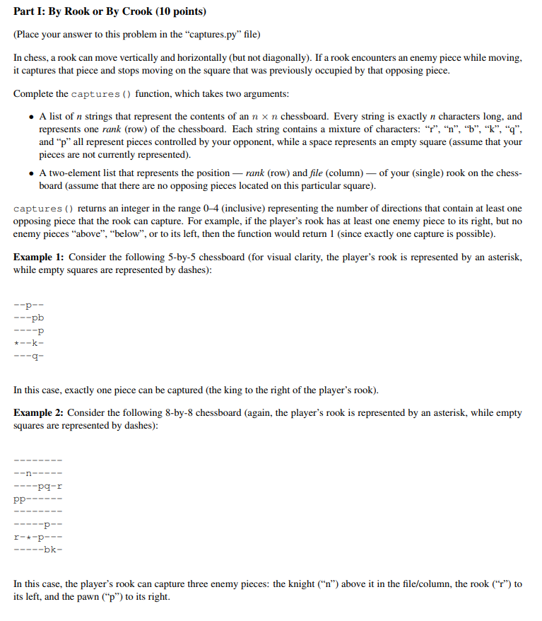 (PYTHON) Part I: By Rook or By Crook (10 points) | Chegg.com