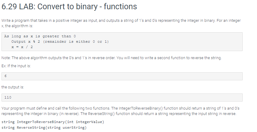Solved 6.29 LAB: Convert to binary - functions Write a | Chegg.com