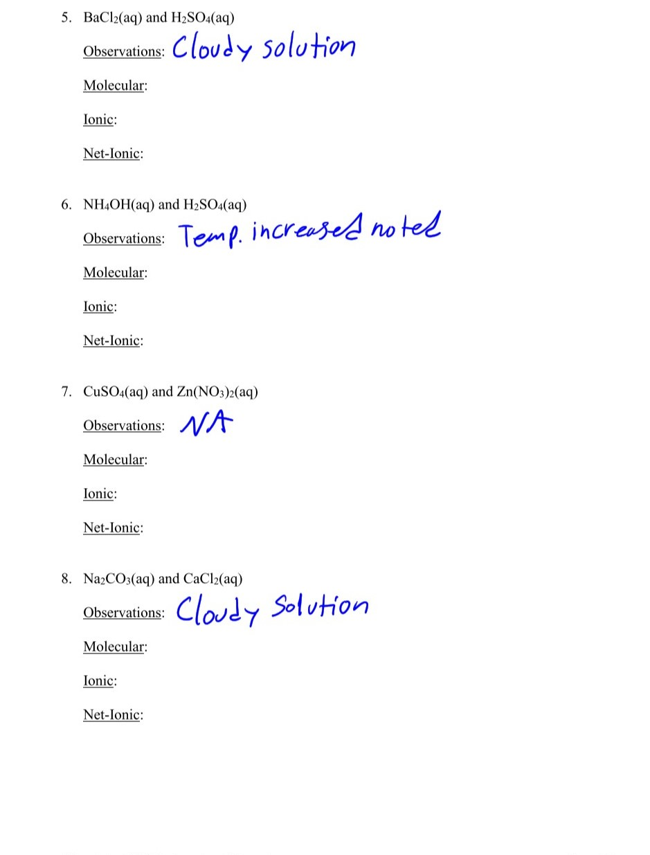 Solved 5. BaCl2(aq) and H2SO4(aq) Observations Cloudy | Chegg.com