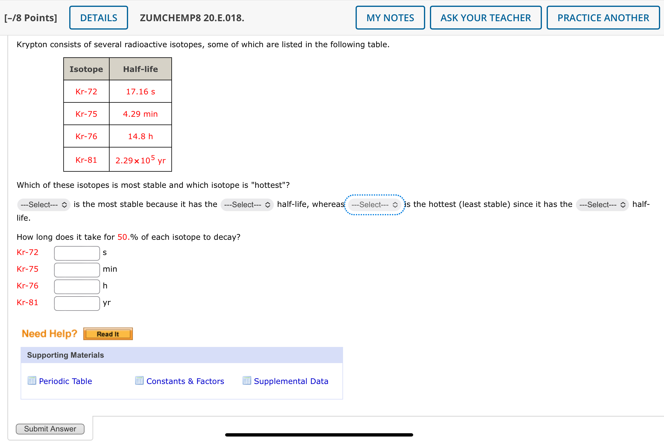 Solved Krypton consists of several radioactive isotopes, | Chegg.com
