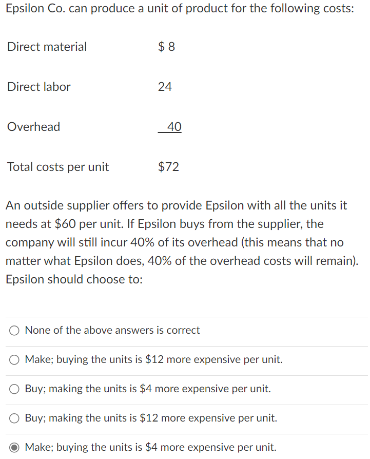 Solved Epsilon Co. can produce a unit of product for the | Chegg.com