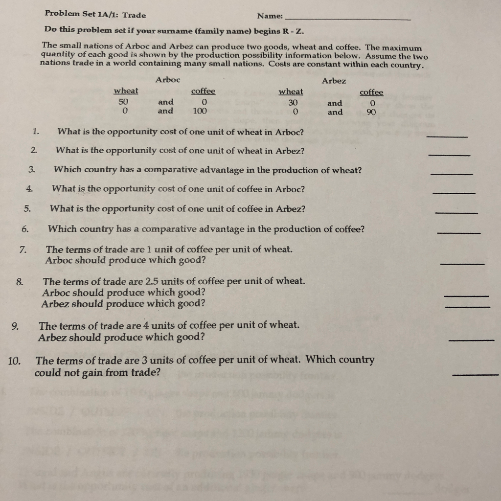 Solved Problem Set 1A/1: Trade Do this problem set if your | Chegg.com