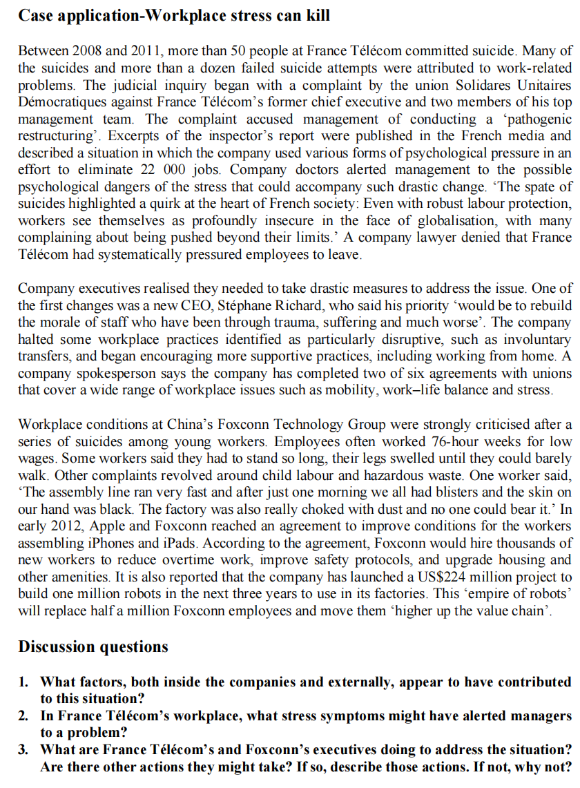 Solved Case application-Workplace stress can kill Between | Chegg.com