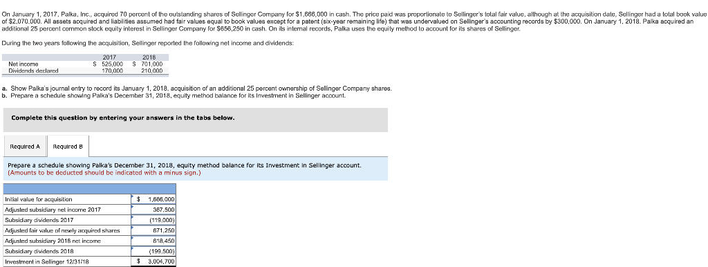 Solved On January 1, 2017. Palka, Inc., acquired 70 percent | Chegg.com