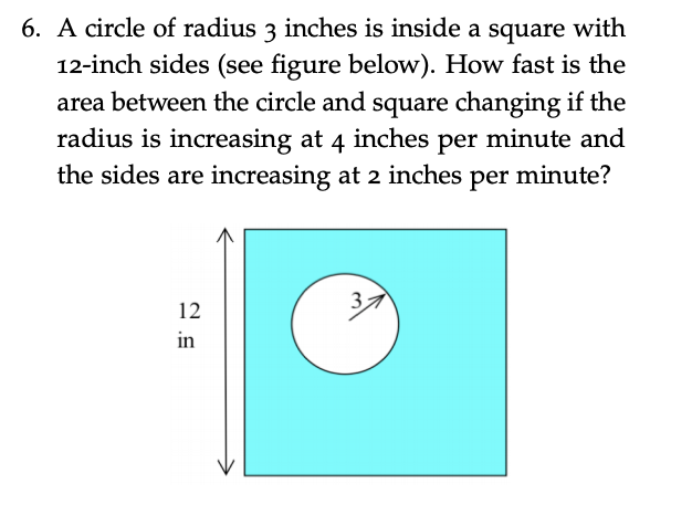 Solved 6. A circle of radius 3 inches is inside a square | Chegg.com