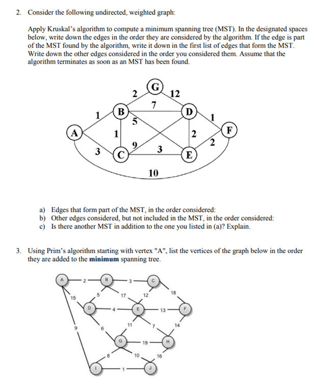 Solved 2. Consider the following undirected, weighted graph: | Chegg.com