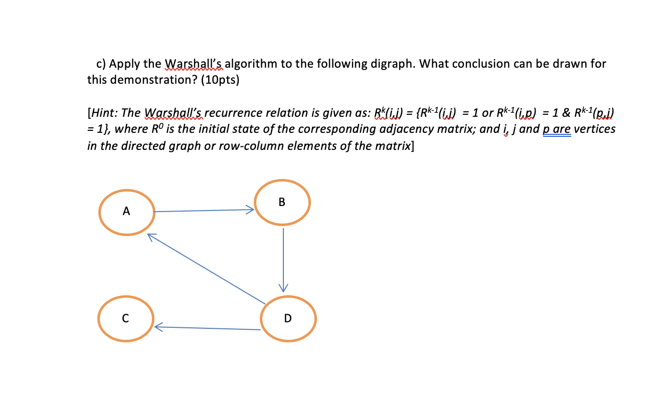 Solved c) Apply the Warshall's algorithm to the following | Chegg.com
