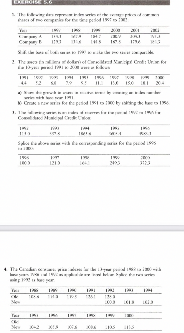Solved EXERCISE 5.6 1. The following data represent index | Chegg.com
