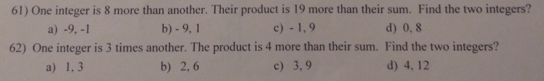 Solved 61) One integer is 8 more than another. Their product | Chegg.com