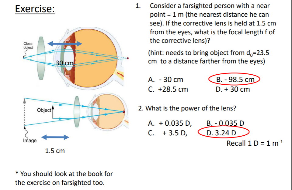 Solved Exercise: 1. Consider a farsighted person with a near | Chegg.com