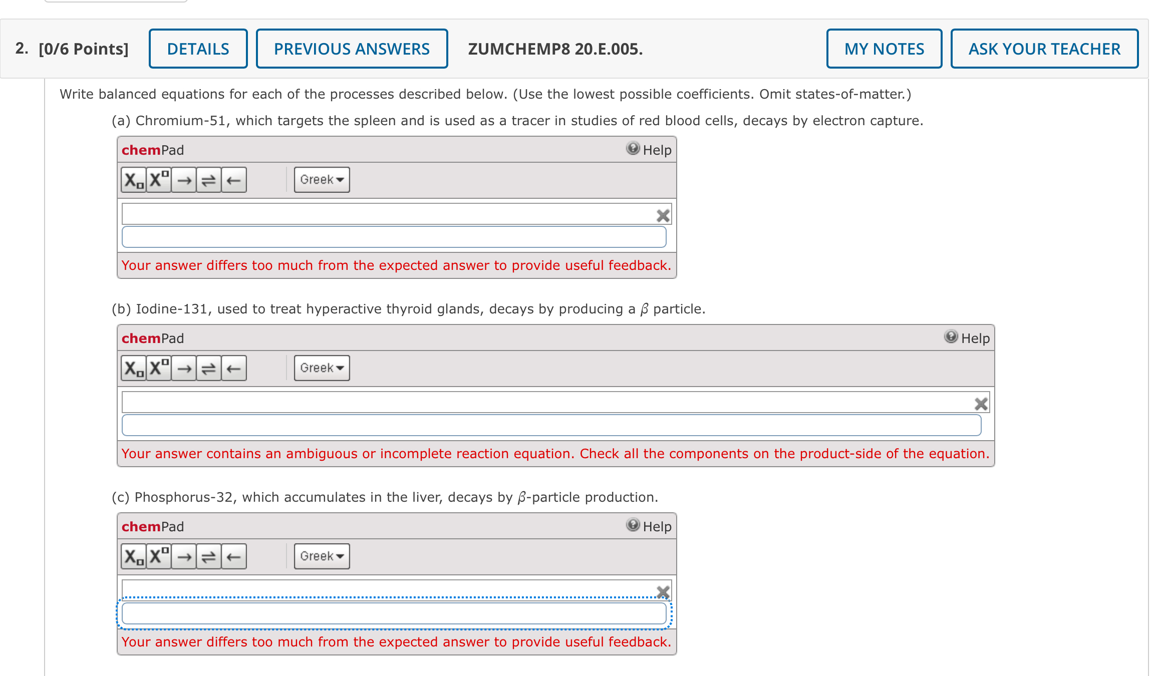 Solved Points]ZUMCHEMP8 20.E.005.Write balanced equations | Chegg.com