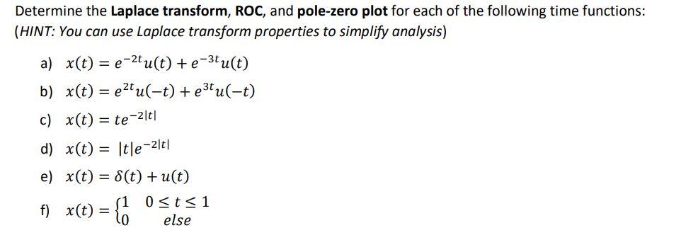 Solved Determine the Laplace transform, ROC, and pole-zero | Chegg.com