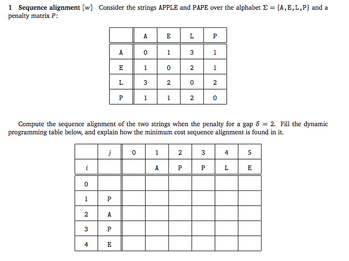 Solved 1 Sequence alignment [w] Consider the strings APPLE | Chegg.com