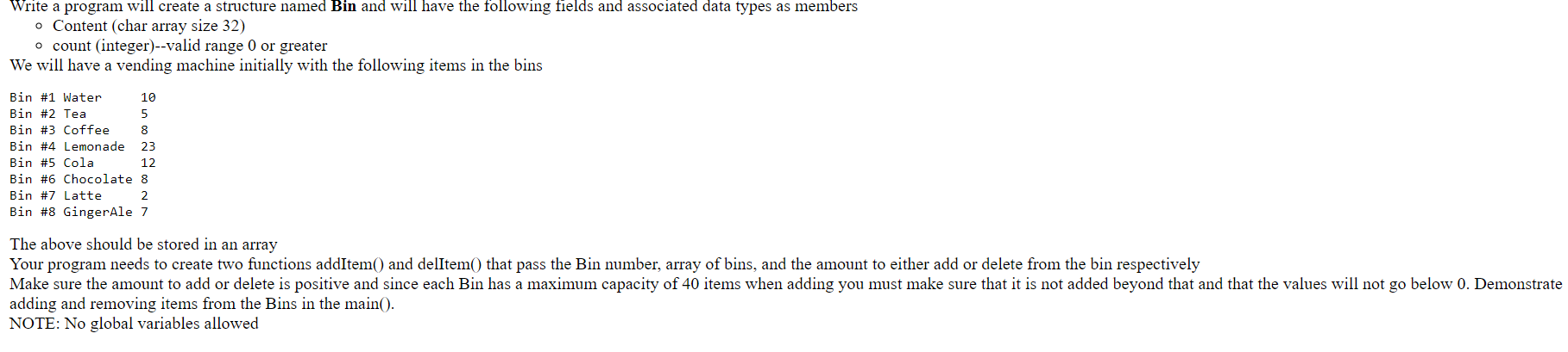 Solved Write a program will create a structure named Bin and | Chegg.com