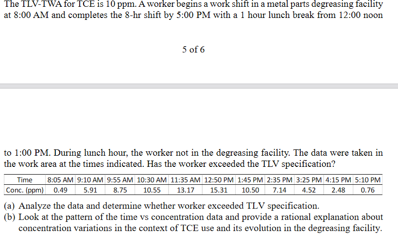 Solved The TLV-TWA for TCE is 10 ppm. A worker begins a work | Chegg.com